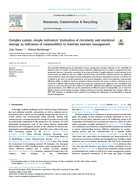Pdf Complex System Simple Indicators Evaluation Of Circularity And Statistical Entropy As