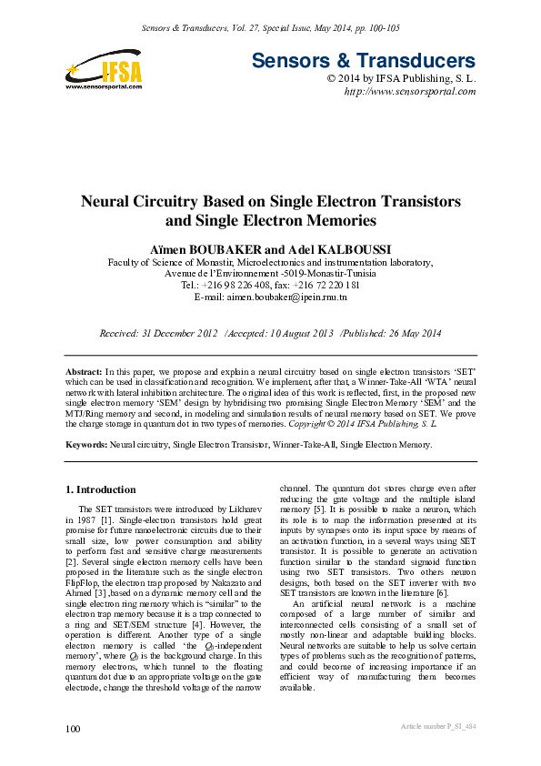 Pdf Neural Circuitry Based On Single Electron Transistors And Single