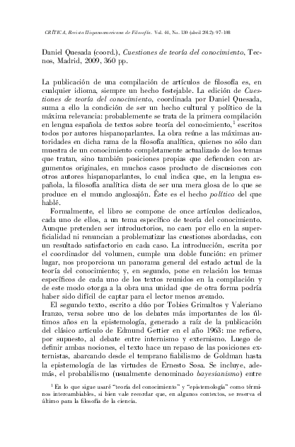 (PDF) Daniel Quesada (coord.), Cuestiones de teoría del conocimiento