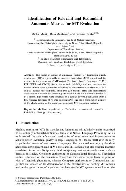 (PDF) Identification of Relevant and Redundant Automatic Metrics for MT Evaluation