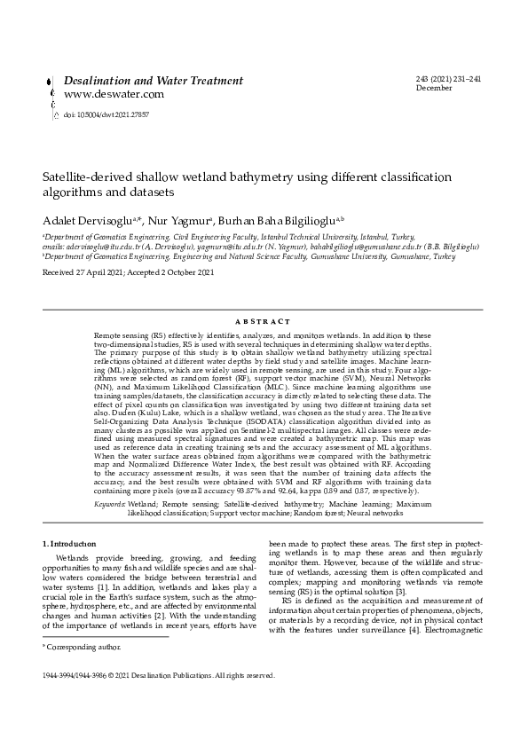 Pdf Satellite Derived Shallow Wetland Bathymetry Using Different Classification Algorithms And
