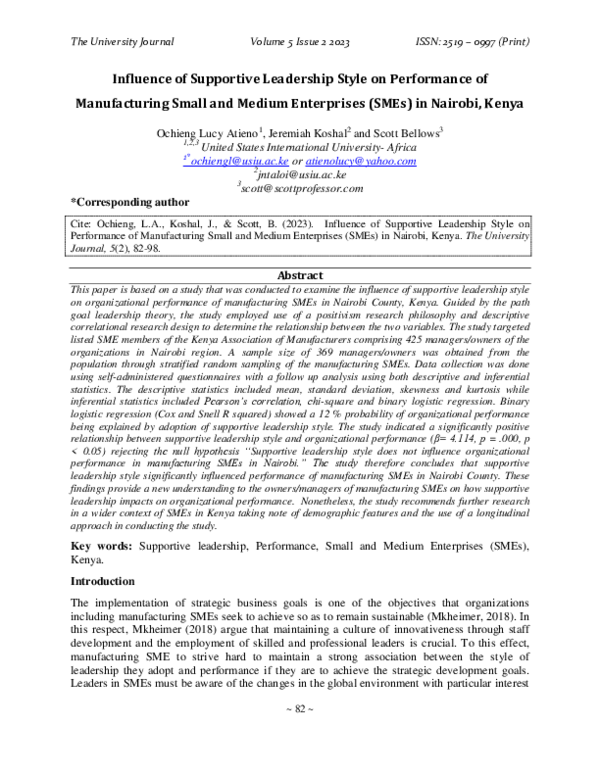 (PDF) Influence of Supportive Leadership Style on Performance of Manufacturing Small and Medium ...