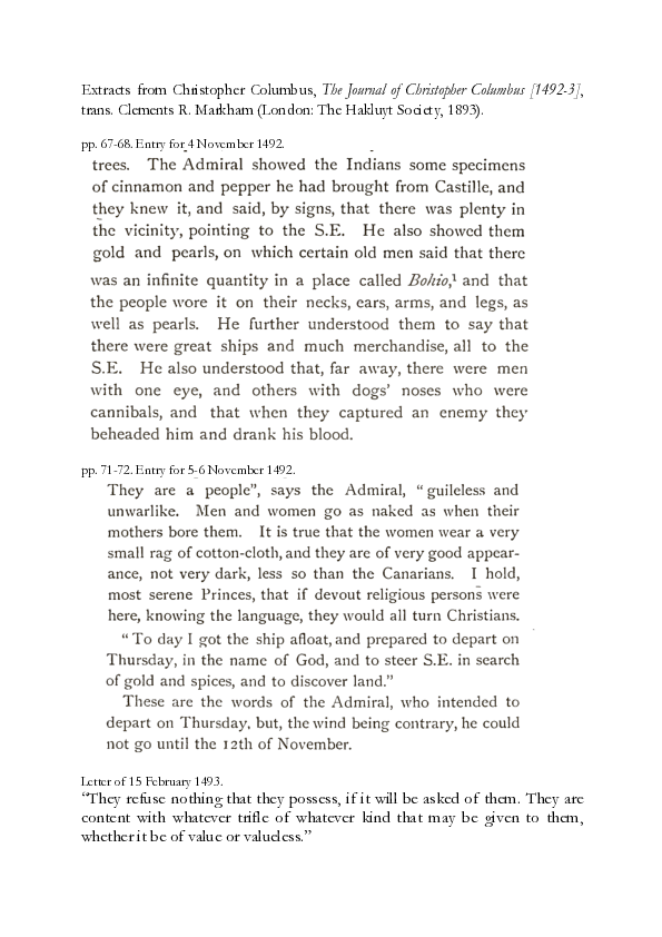 (PDF) Extract from Columbus s Journal 1492-