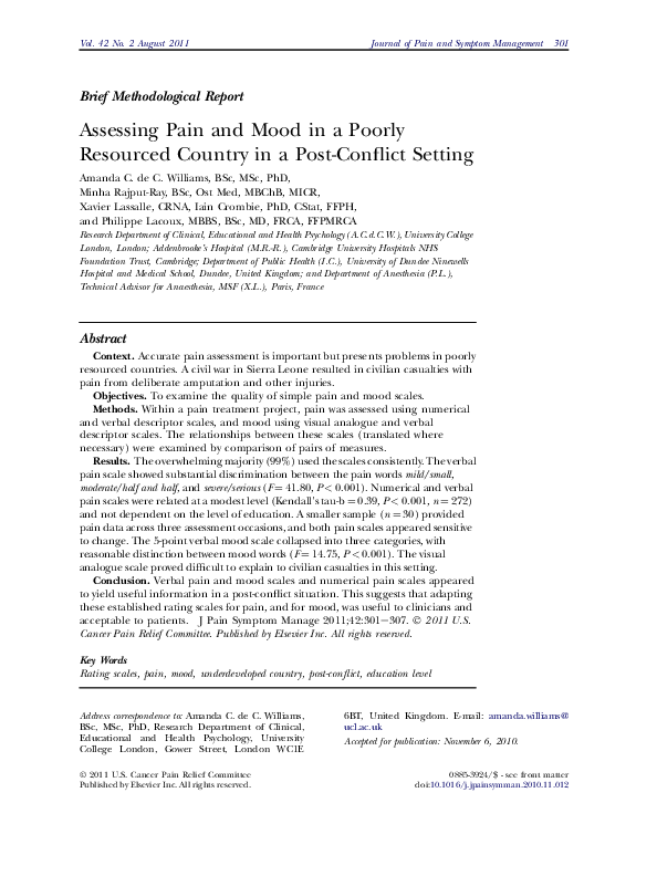(PDF) Assessing Pain and Mood in a Poorly Resourced Country in a Post ...