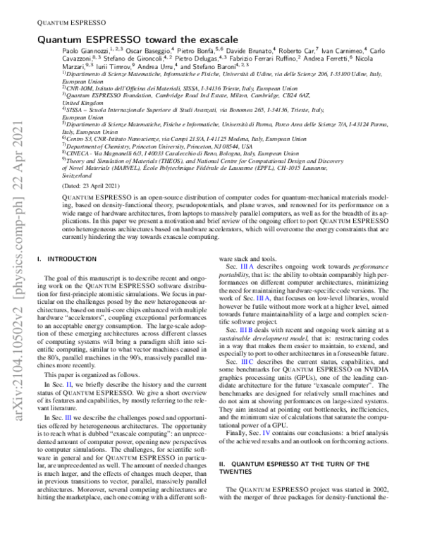 (PDF) Quantum ESPRESSO toward the exascale