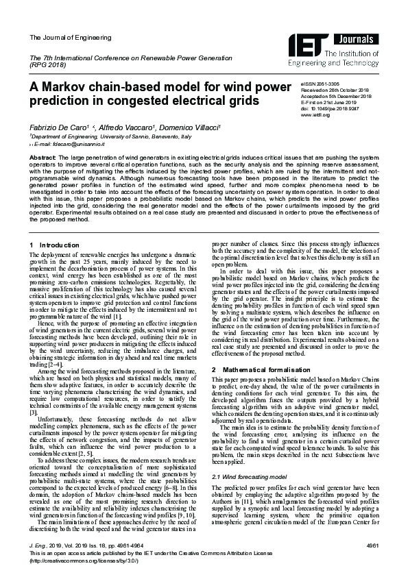 (PDF) A Markov chain‐based model for wind power prediction in congested electrical grids
