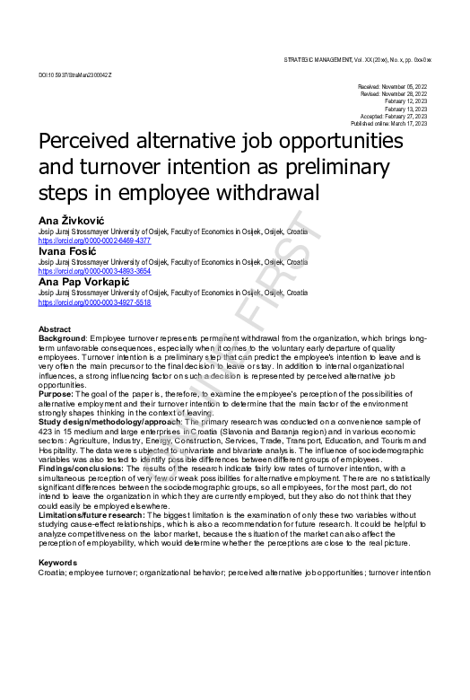(PDF) Perceived alternative job opportunities and turnover intention as ...
