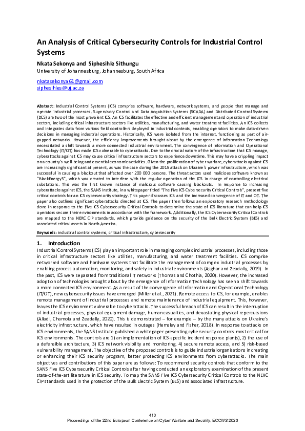 (PDF) An Analysis of Critical Cybersecurity Controls for Industrial Control Systems