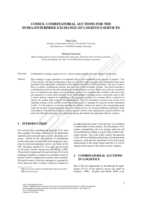 (PDF) Comex: Combinatorial Auctions for the Intra-Enterprise Exchange of Logistics Services