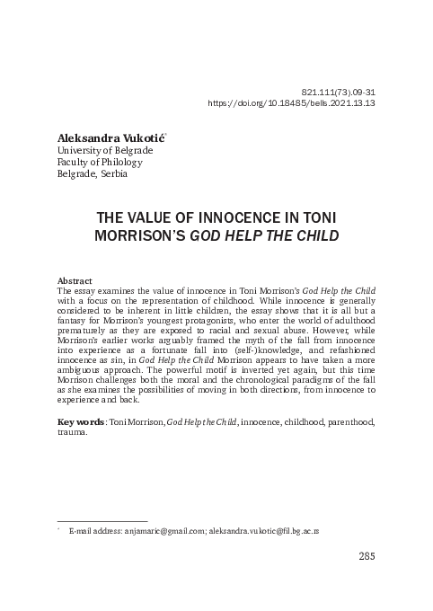 (PDF) THE VALUE OF INNOCENCE IN TONI MORRISON'S GOD HELP THE CHILD