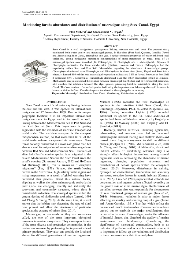 (PDF) Monitoring for the abundance and distribution of macroalgae along Suez Canal, Egypt