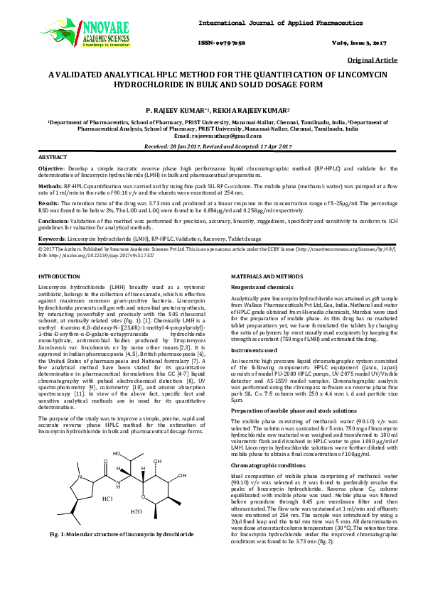 (PDF) A VALIDATED ANALYTICAL HPLC METHOD FOR THE QUANTIFICATION OF LINCOMYCIN HYDROCHLORIDE IN ...