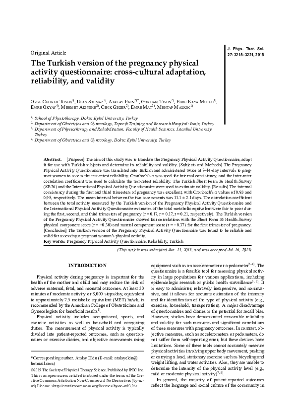 Pdf The Turkish Version Of The Pregnancy Physical Activity Questionnaire Cross Cultural