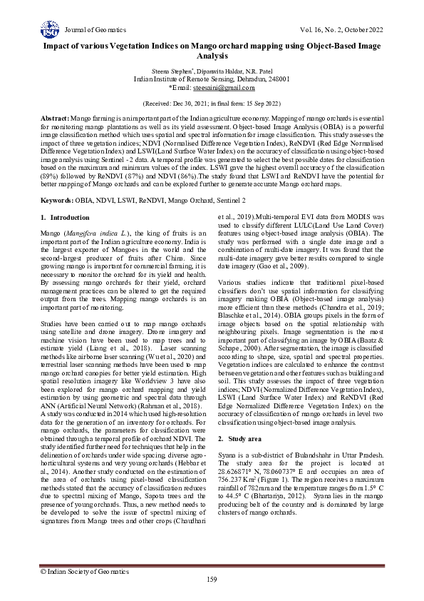 Pdf Impact Of Various Vegetation Indices On Mango Orchard Mapping Using Object Based Image