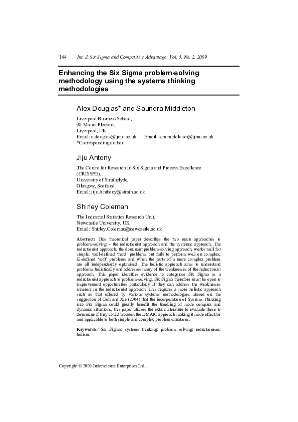 (PDF) Enhancing the Six Sigma problem-solving methodology using the systems thinking methodologies