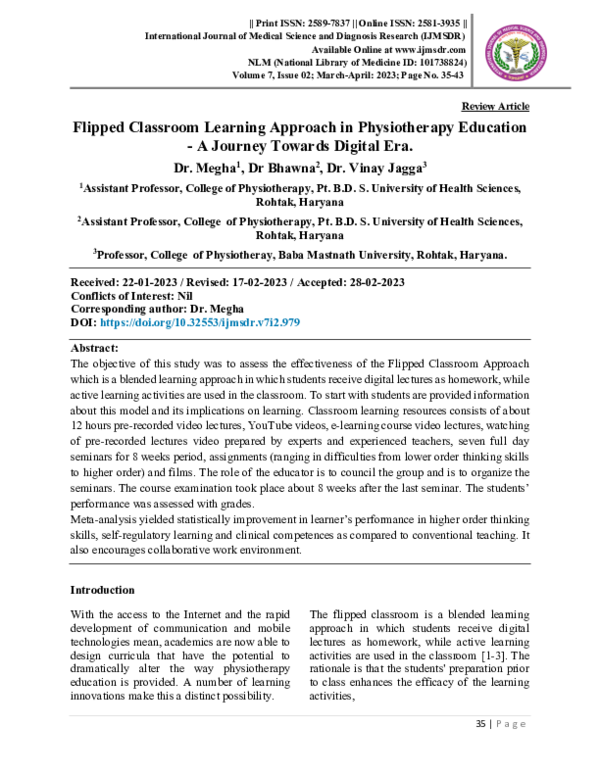 (PDF) Flipped Classroom Learning Approach in Physiotherapy Education ...