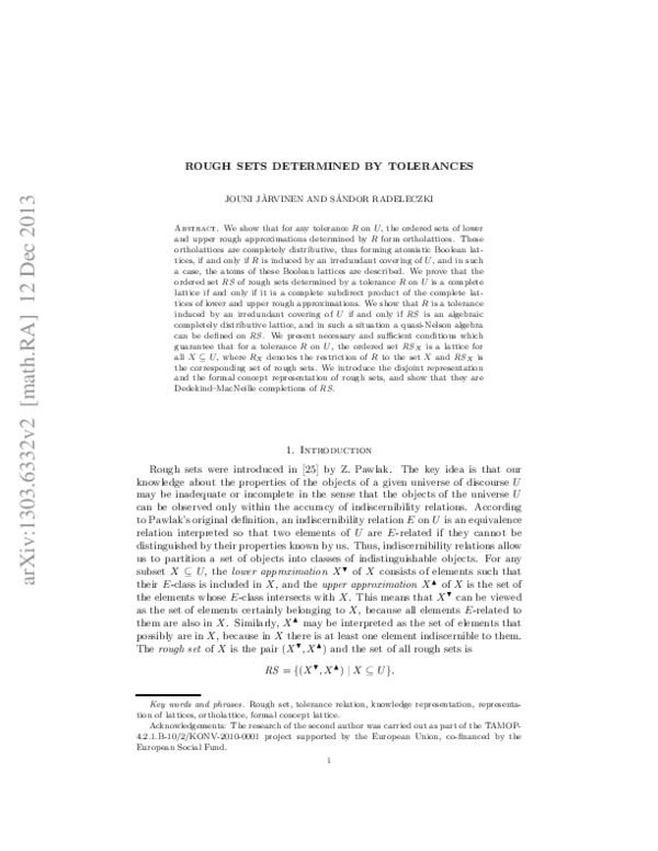 (PDF) Rough sets determined by tolerances | Sándor dr Radeleczki - Academia.edu