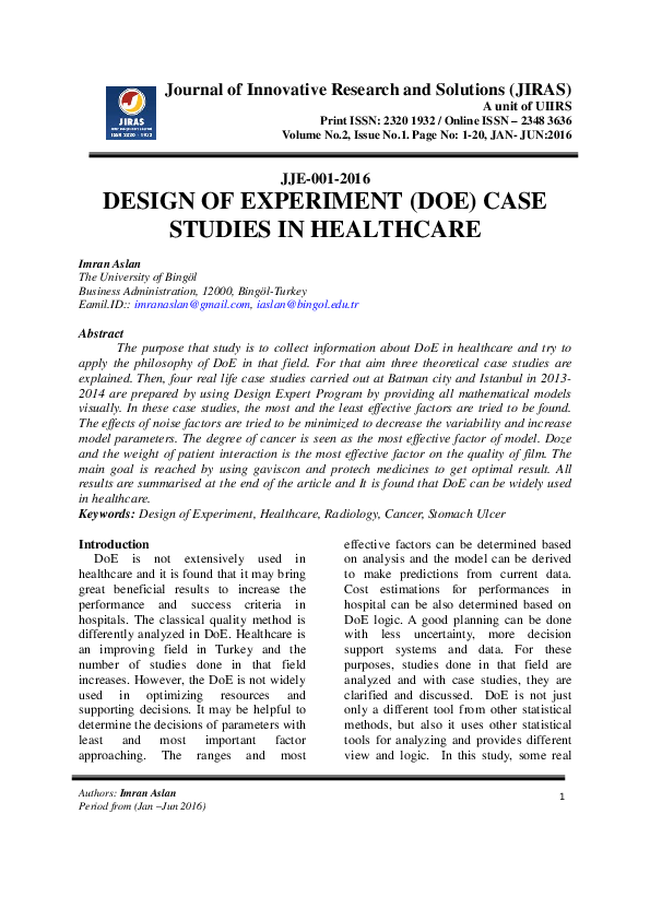 (PDF) A unit of UIIRS DESIGN OF EXPERIMENT (DOE) CASE STUDIES IN HEALTHCARE