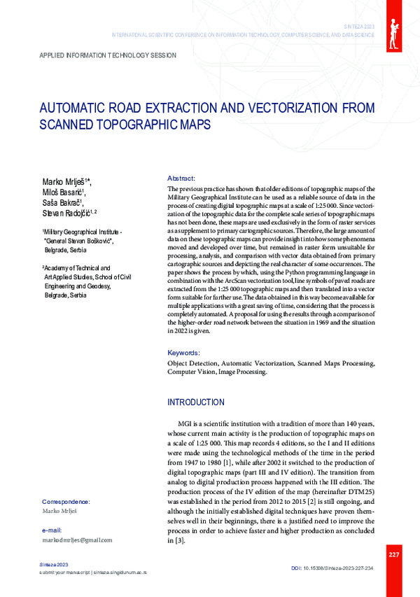 Pdf Automatic Road Extraction And Vectorization From Scanned Topographic Maps Marko Mrljes