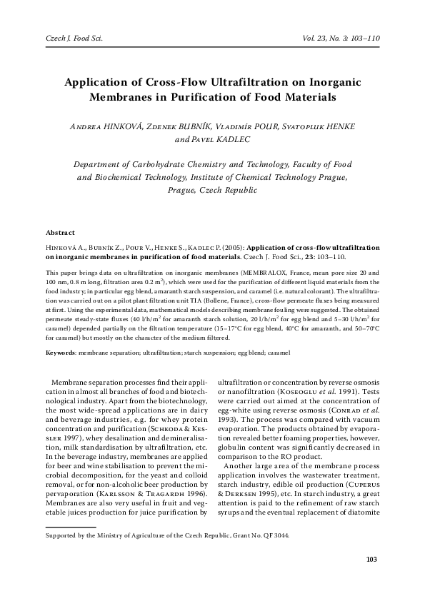 Pdf Application Of Cross Flow Ultrafiltration On Inorganic Membranes In Purification Of Food