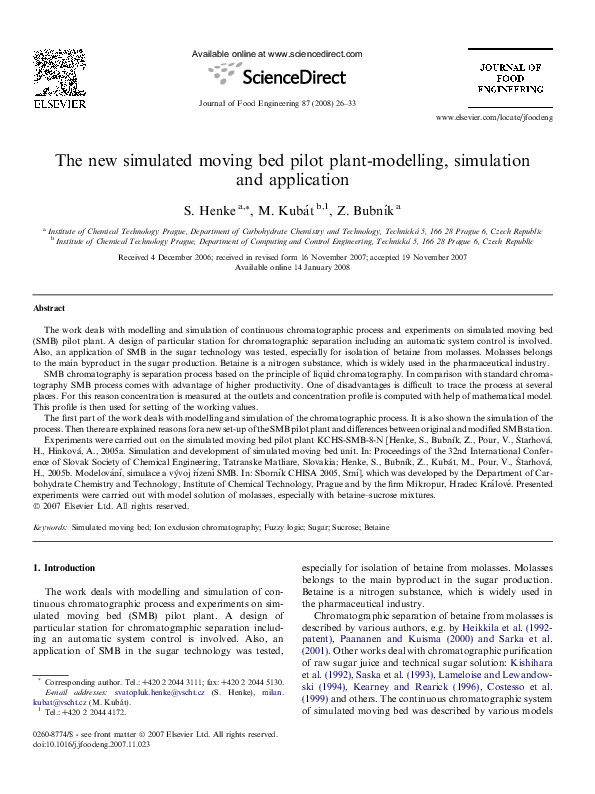 Pdf The New Simulated Moving Bed Pilot Plant Modelling Simulation