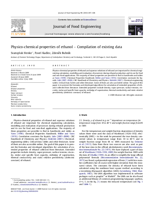 (PDF) Physico-chemical properties of ethanol – Compilation of existing data