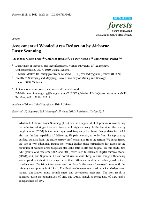 Pdf Article Assessment Of Wooded Area Reduction By Airborne Laser Scanning Markus Hollaus