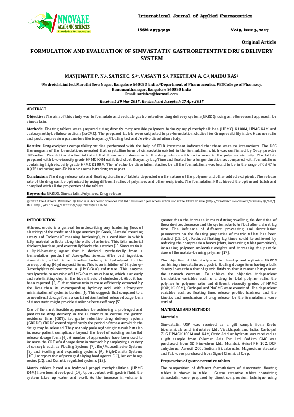 Pdf Formulation And Evaluation Of Simvastatin Gastroretentive Drug Delivery System Original