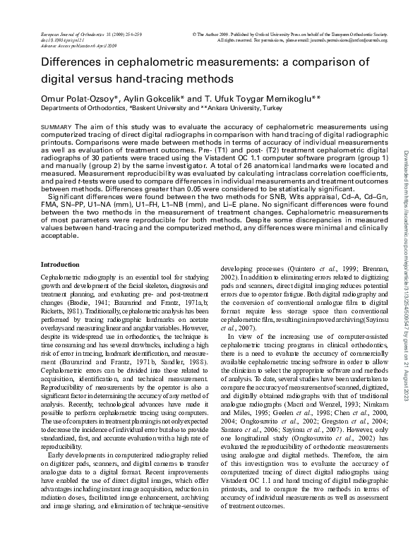 (PDF) Differences in cephalometric measurements: a comparison of digital versus hand-tracing methods