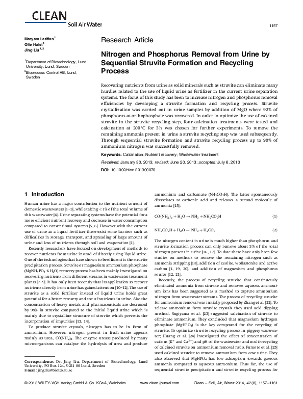 (PDF) Nitrogen and Phosphorus Removal from Urine by Sequential Struvite ...