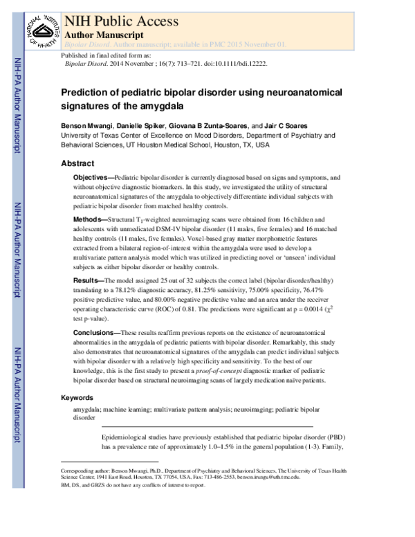 (PDF) Prediction of pediatric bipolar disorder using neuroanatomical signatures of the amygdala