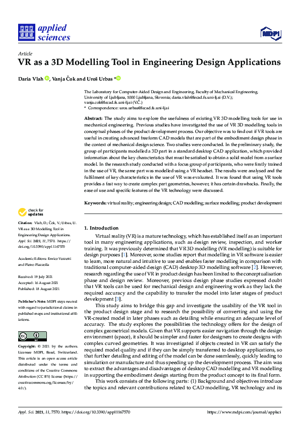 (PDF) VR as a 3D Modelling Tool in Engineering Design Applications