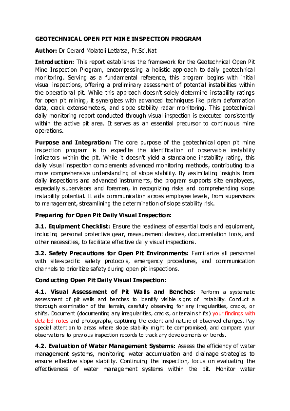 (DOC) GEOTECHNICAL OPEN PIT MINE INSPECTION PROGRAM