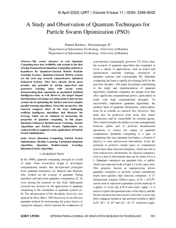 (PDF) A STUDY AND OBSERVATION OF QUANTUM TECHNIQUES FOR PARTICLE SWARM OPTIMIZATION (PSO