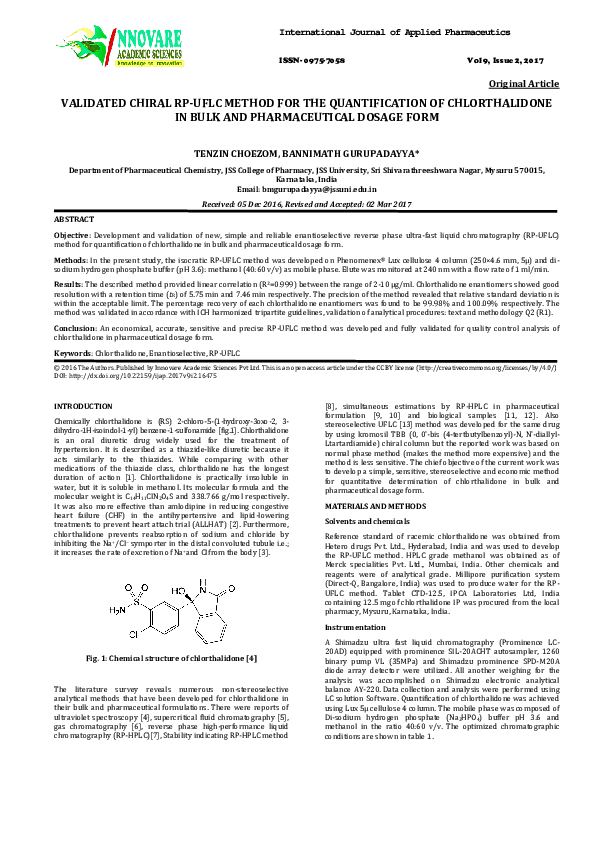 (PDF) VALIDATED CHIRAL RP-UFLC METHOD FOR THE QUANTIFICATION OF CHLORTHALIDONE IN BULK AND ...