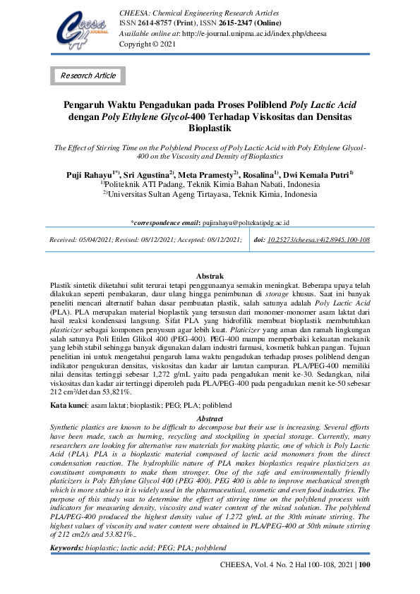 (PDF) Pengaruh Waktu Pengadukan pada Proses Poliblend Poly Lactic Acid dengan Poly Ethylene ...