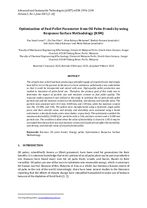 (PDF) Optimization of Fuel Pellet Parameter from Oil Palm Fronds by using Response Surface ...