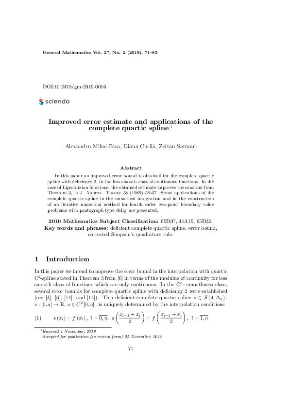 (PDF) Improved error estimate and applications of the complete quartic spline