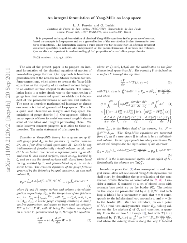 (PDF) An integral formulation of Yang-Mills on loop space