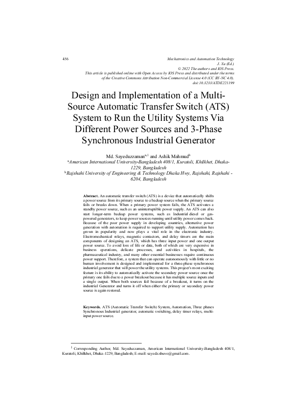 Pdf Design And Implementation Of A Multi Source Automatic Transfer Switch Ats System To Run