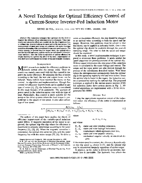 Pdf A Novel Technique For Optimal Efficiency Control Of A Current Source Inverter Fed