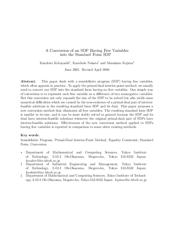 (PDF) A conversion of an SDP having free variables into the standard ...
