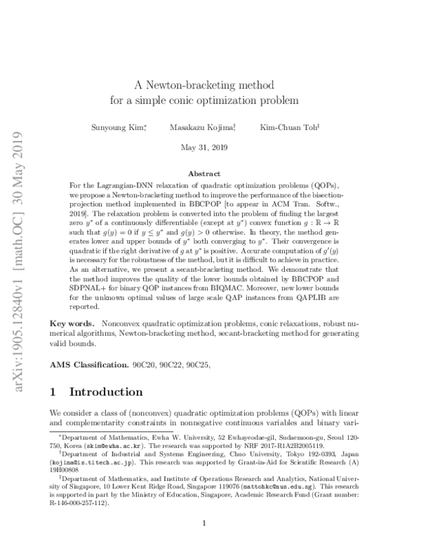 (PDF) A Newton-bracketing method for a simple conic optimization problem