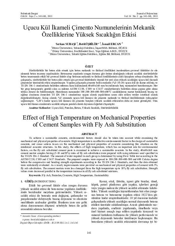 (PDF) Uçucu Kül İkameli Çimento Numunelerinin Mekanik Özelliklerine ...