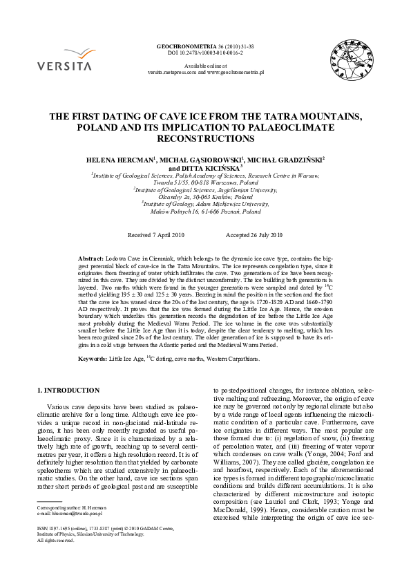 (PDF) The First Dating of Cave Ice from the Tatra Mountains, Poland and ...