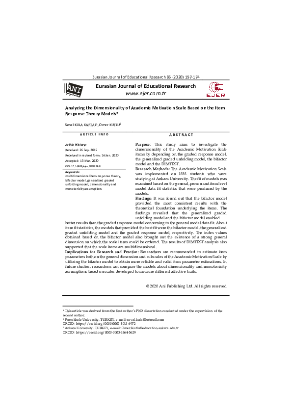 (PDF) Analyzing the Dimensionality of Academic Motivation Scale Based on the Item Response ...