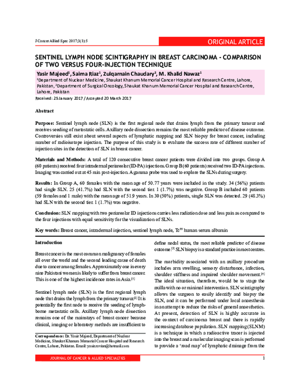 (PDF) Sentinel Lymph Node Scintigraphy in Breast Carcinoma- Comparison ...