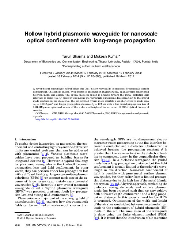 (PDF) Hollow hybrid plasmonic waveguide for nanoscale optical ...