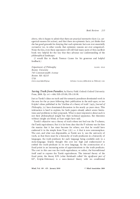 (PDF) Saving Truth from Paradox, by Hartry Field