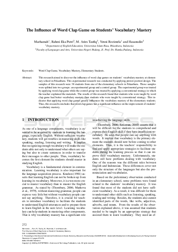 (PDF) The Influence of Word Clap Game on Students’ Vocabulary Mastery